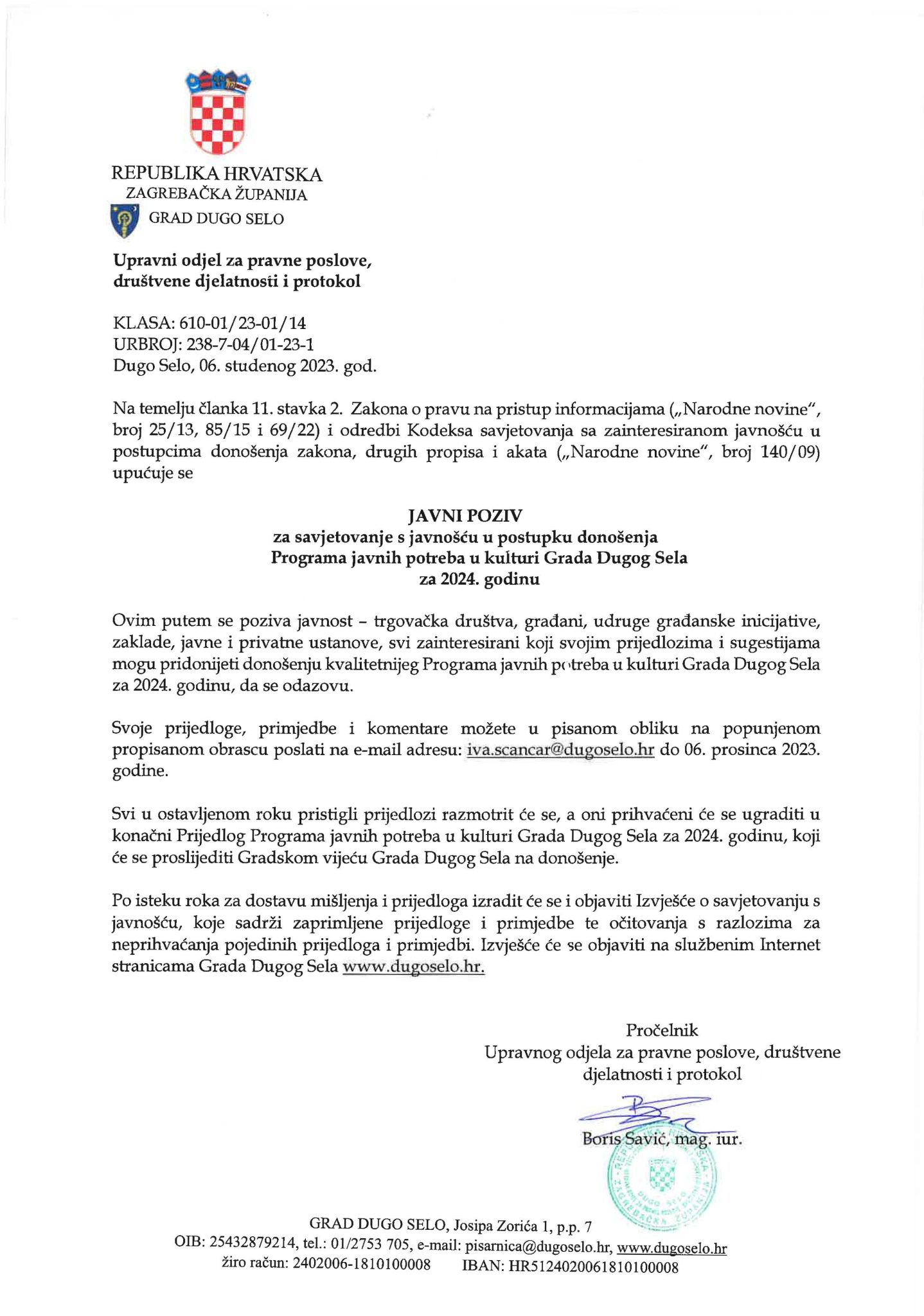 Javni poziv za savjetovanje s javnošću u postupku donošenja javnih potreba u kulturi Grada Dugog ...