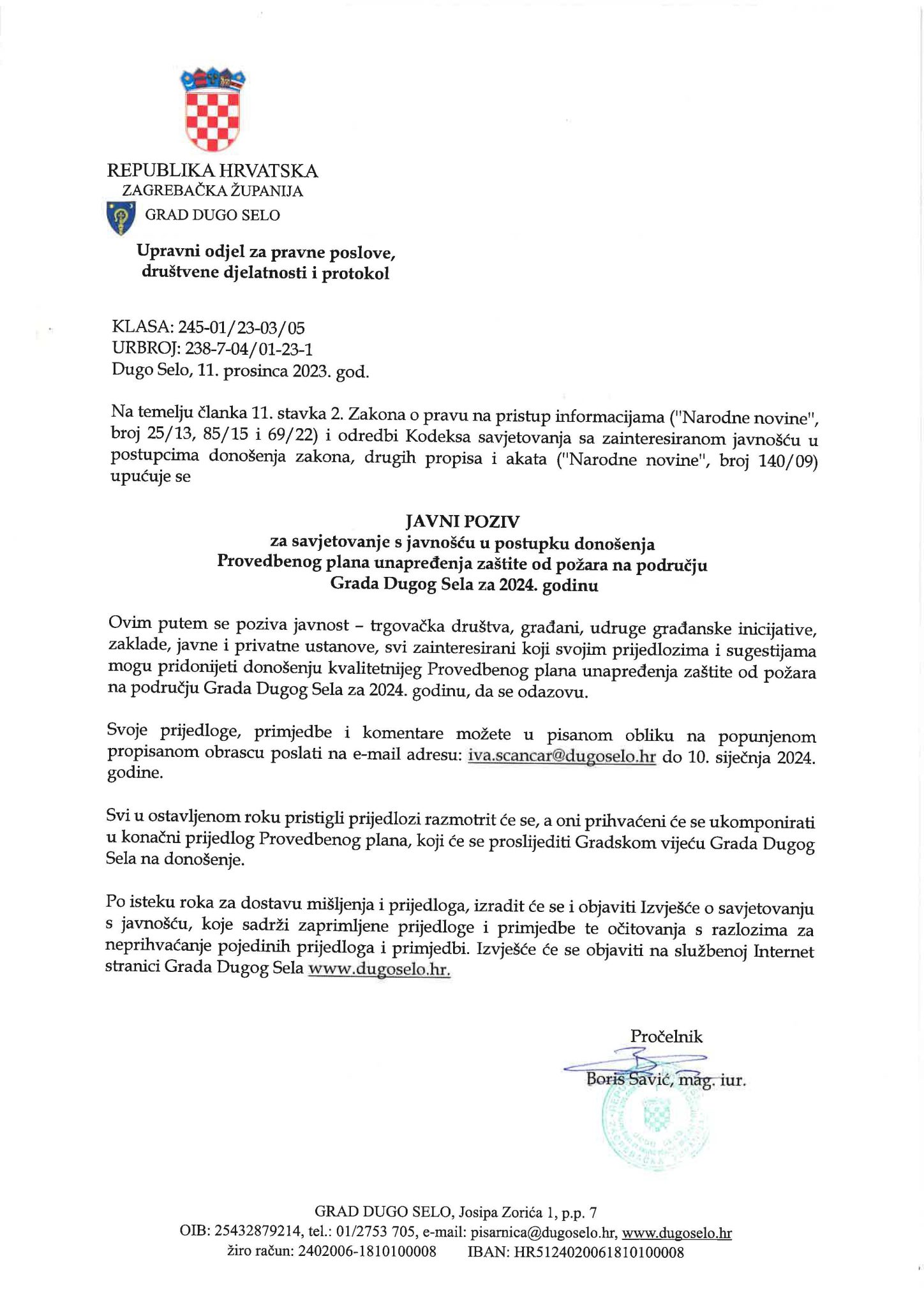 Javni poziv za savjetovanje s javnošću u postupku donošenja Provedbenog plana unapređenja ...